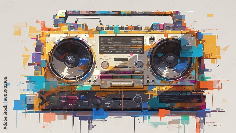 A graffiti art of an old school boombox, painted in bold and vibrant ...