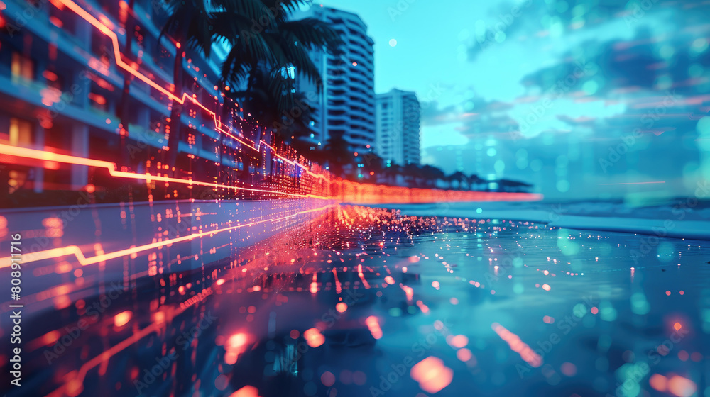 Stock graph goes up in front of a beach hotel, with a color bitmap ...