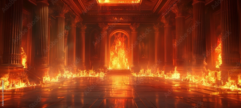 Flame temple gate to hell. Landmark ancient religion building ...