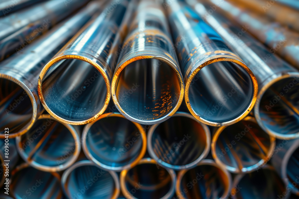 Large piles of steel pipes and tubes, showing off the reflective metal ...