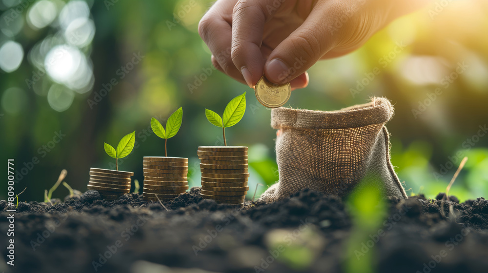 Money stack and money sack. Male hand arranging coins on growing piles ... Money stack and money sack. Male hand arranging coins on growing piles ...