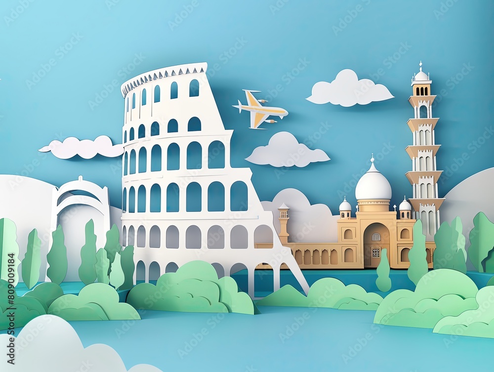 Paper cut art historical landmarks flat design front view travel theme ...