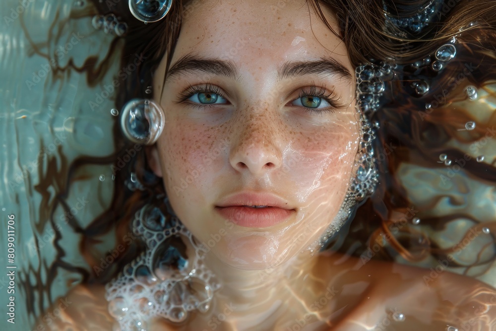 Underwater portrait of a young woman, her blue eyes open as air bubbles ...