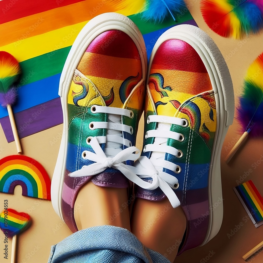Photo rainbow pride month creative shot of female legs wearing pride ...