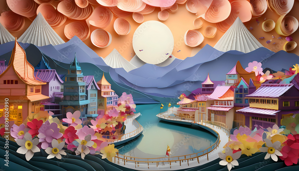 Create a majestic illustrated in a magical street, surrounded by ...