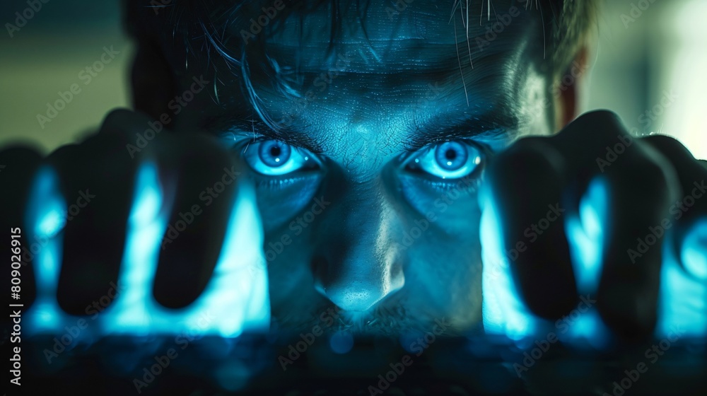 Silhouette of a hacker with glowing eyes reaching through a computer ...