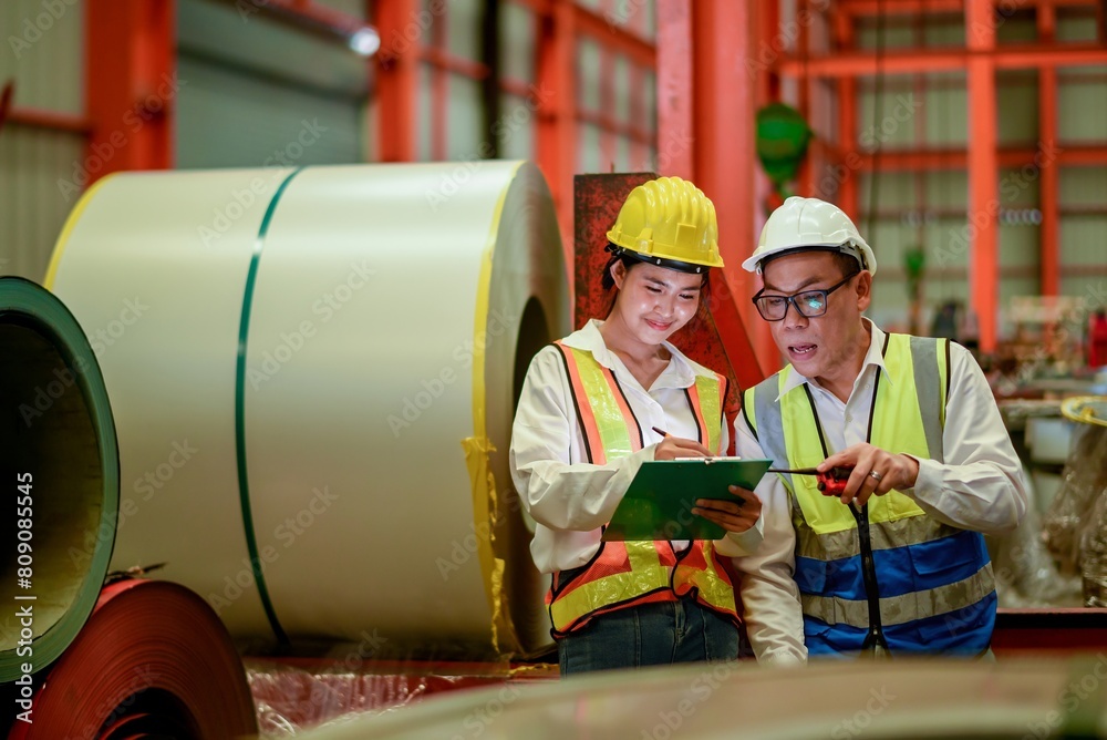 Factory apprenticeship. Man mentor teaching Female employees trainee ...
