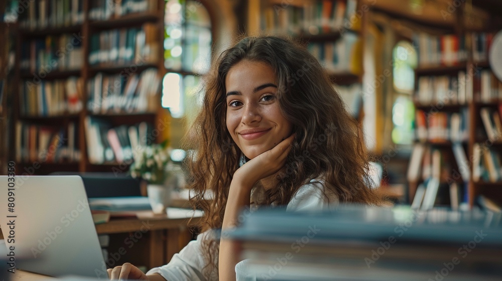 Happy girl student studying in library with laptop, concept of study ...