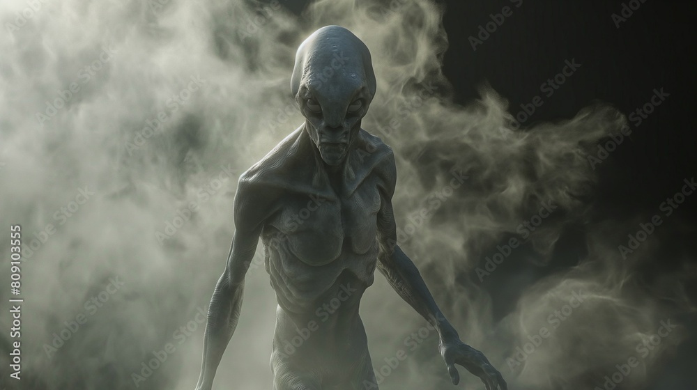 Scary gray alien walks and looks blinking on a dark smoky background ...