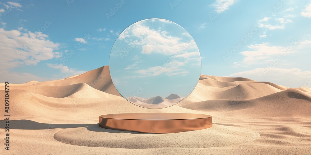 Surreal sand product display podium against sky with round mirror ...