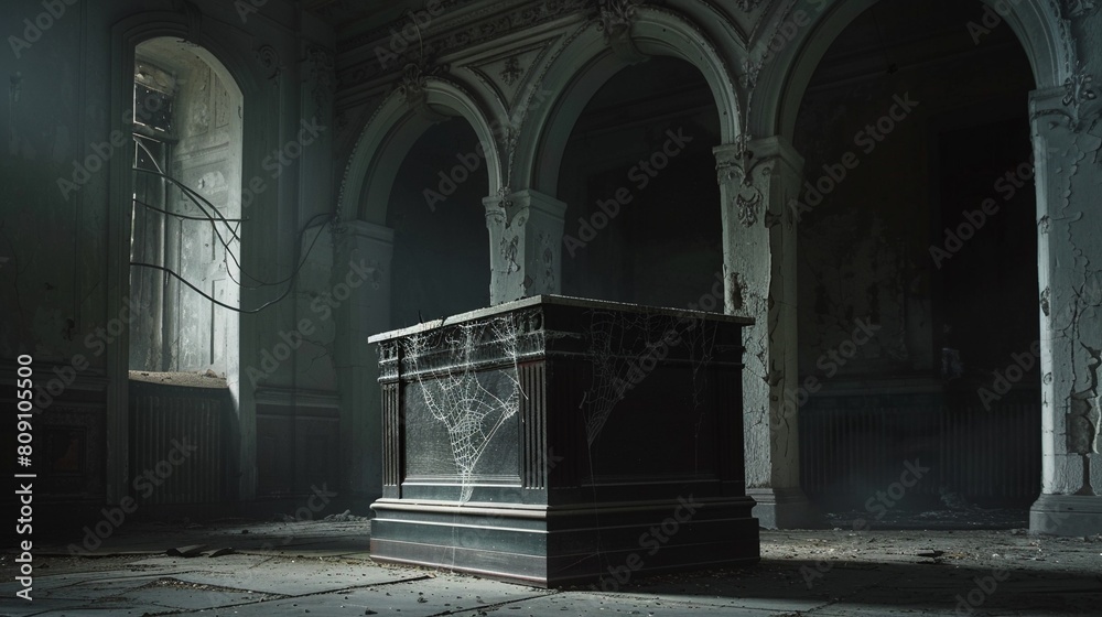 Dark spooky empty display podium in empty gothic room, scary vintage ...