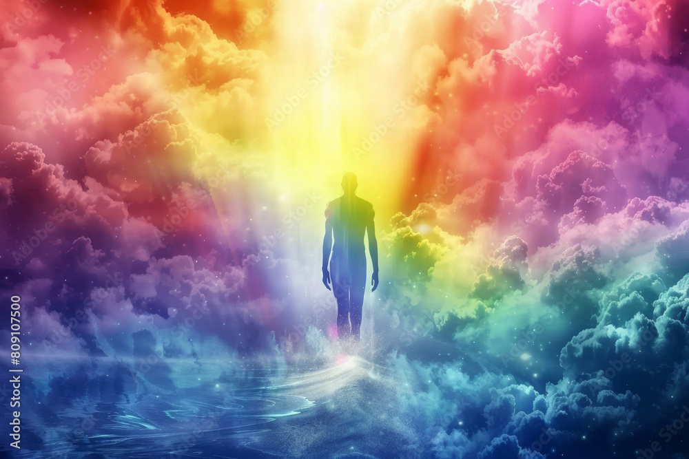Spectrum of Supremacy. Silhouette of a man in the clouds and rainbow ...