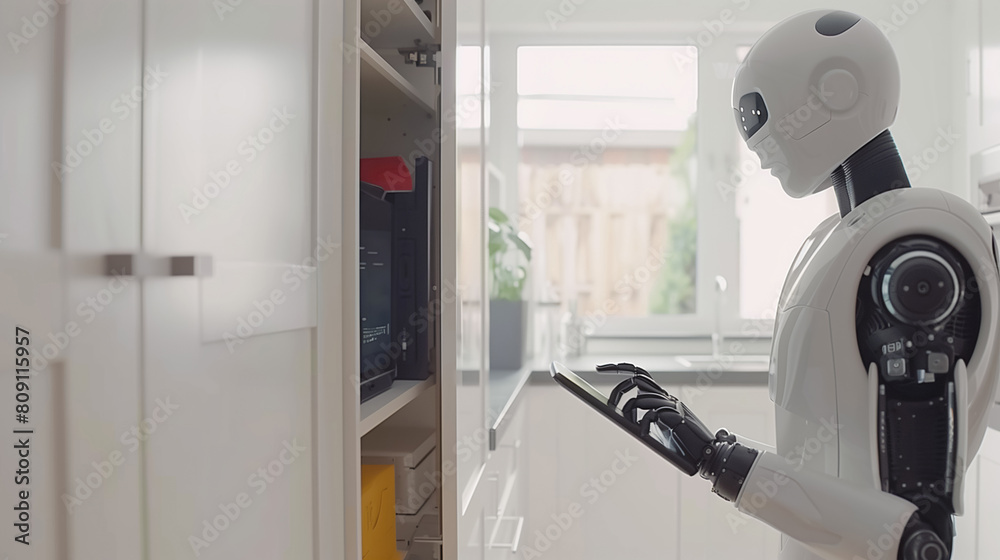 Humanoid robot in a bedroom cabinets with a control tablet for ...