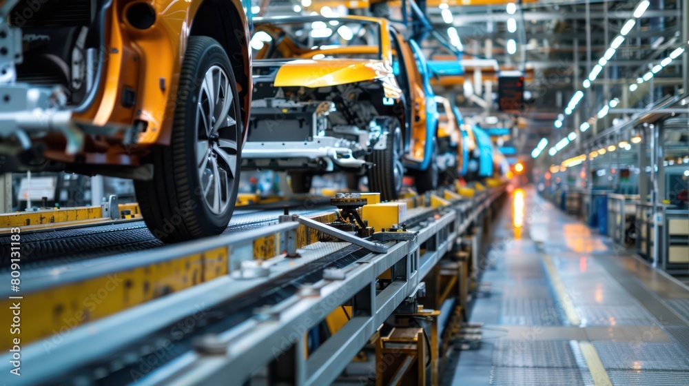 Advanced automotive manufacturing plant assembly line with cars in ...