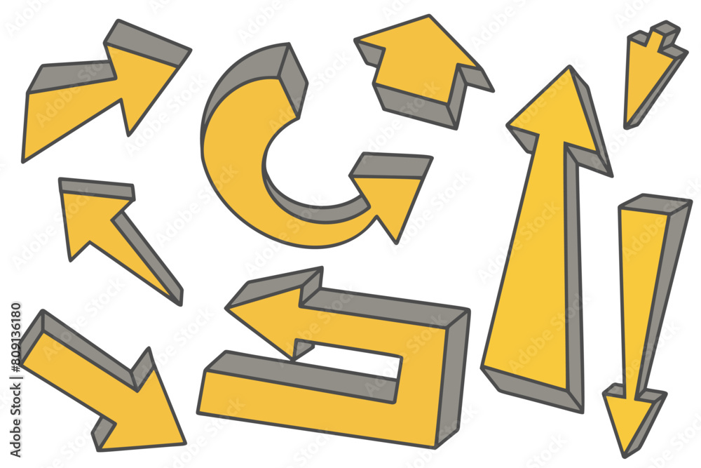 Hand drawn vector doodle arrows set. Pencil yellow line sketch on white ...