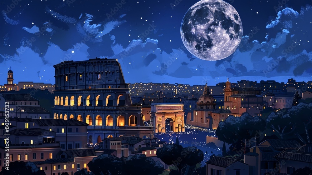 Rome A Night Sky Full Moon Illumination of the Ancient Citys Landmarks ...