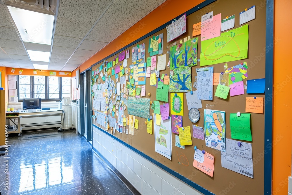 Fotografie Office bulletin board covered in colorful post-it notes with ...