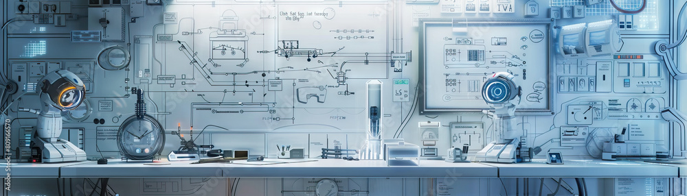 Robotics Engineer's Wall: Adorned with robot designs, circuit diagrams ...