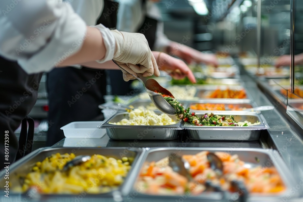 A cafeteria worker carefully arranging a tray of food for a buffet line ...