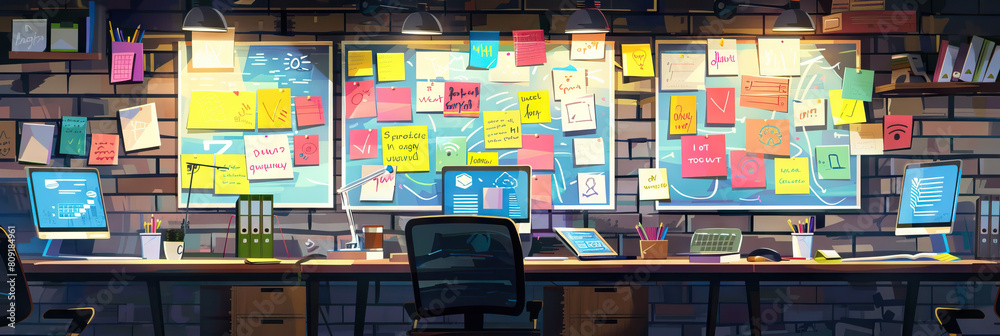 Startup Office Wall: Covered in post-it notes with ideas, a timeline of ...