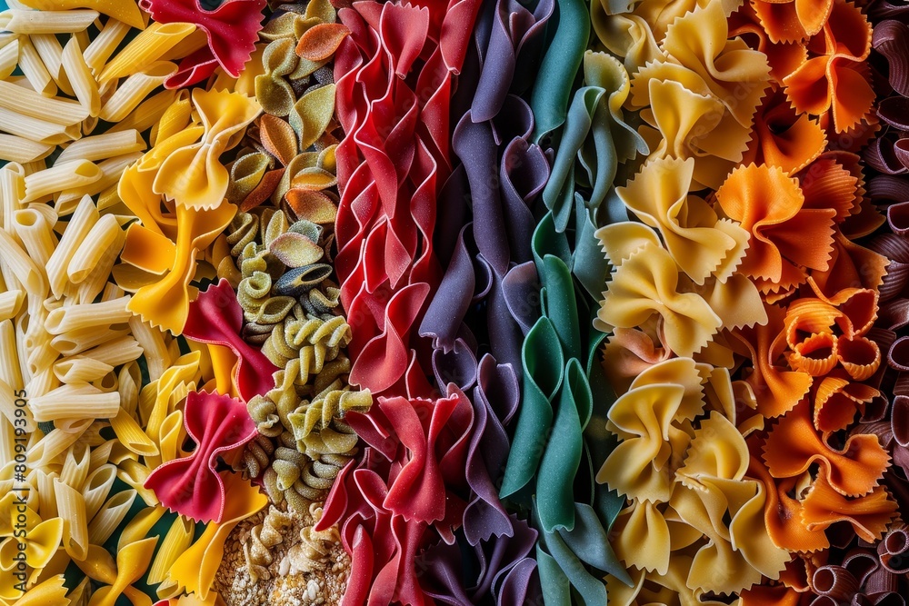 Display of colorful assortment of different types of pasta in various ...