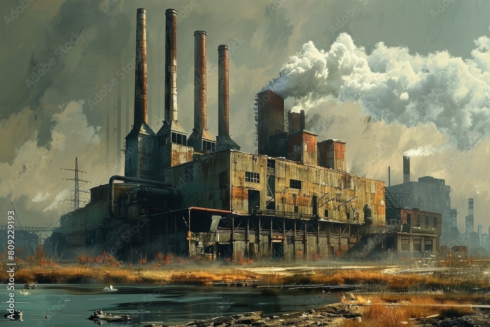 Painting of a decaying factory with smoke billowing out of its ...