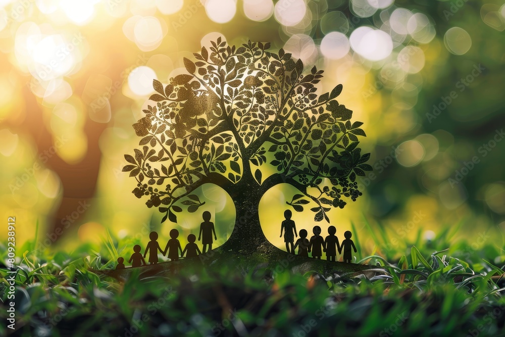 A tree with people shapes cut out of its trunk and branches, A family ...