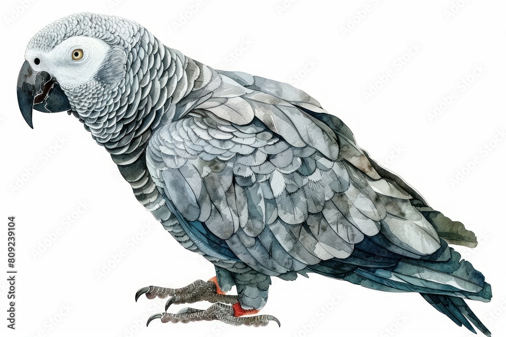 Grey parrot, Pastel-colored, in hand-drawn style, watercolor, isolated ...