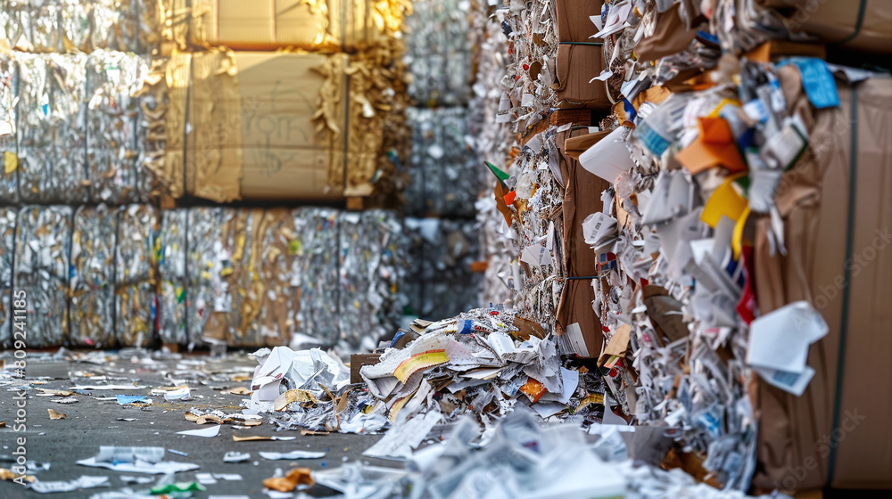 Pile of shredded paper and cardboard in front of a recycling facility, save the planet, ecologic ...