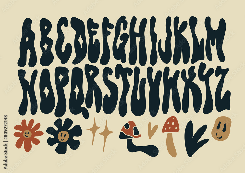 Hippie mushroom-core bohemian groovy postmodern funky font alphabet ...