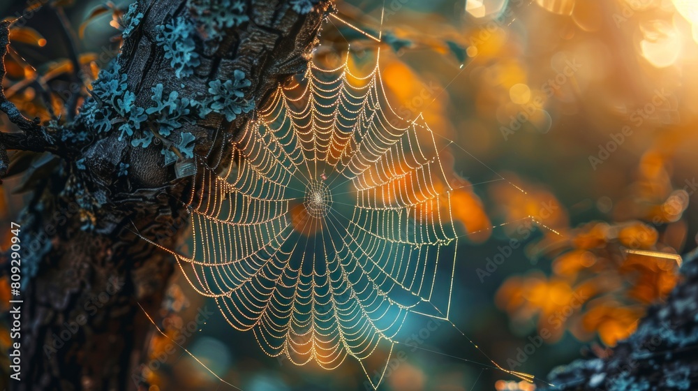 beautiful spider web network on a tree in a sunrise Stock Photo | Adobe ...