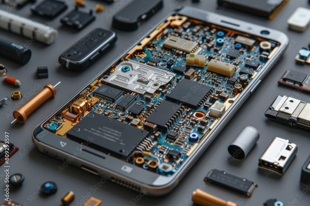 Smartphone disassembled to reveal plastic components and circuitry ...