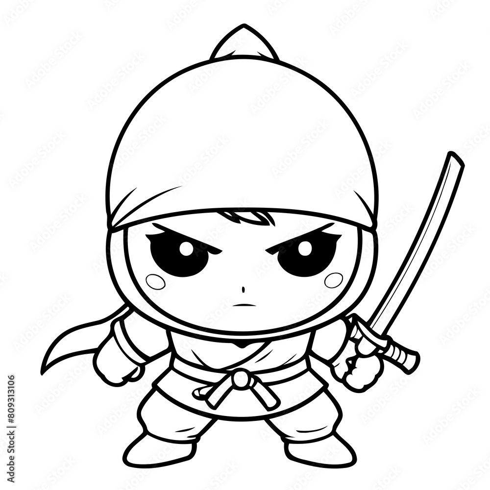 Vector illustration of a cute Ninja drawing for toddlers colouring page ...