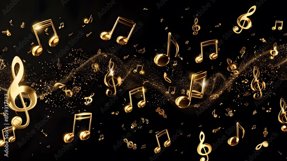 Gold musical notes flying in the air on black background with copy ...