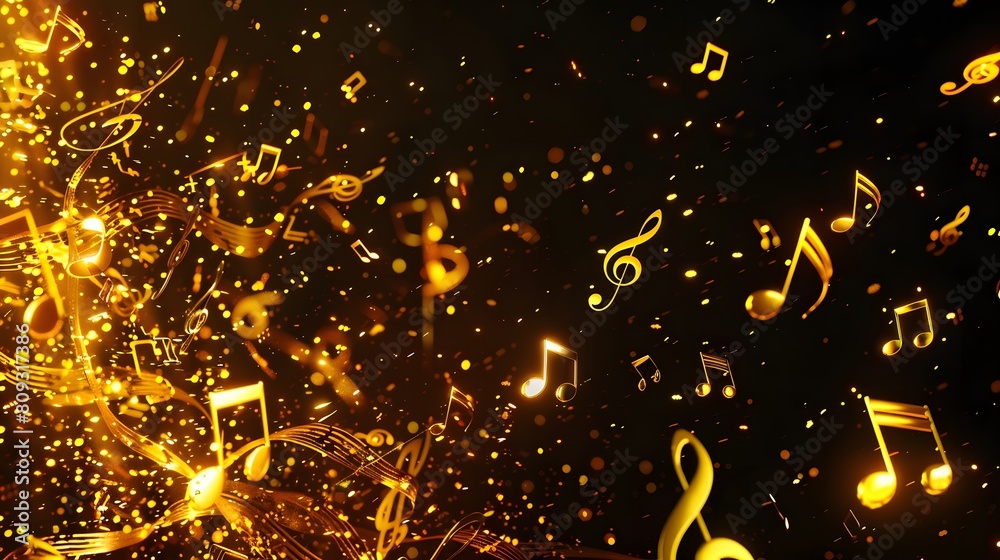 Gold musical notes flying in the air on black background with copy ...