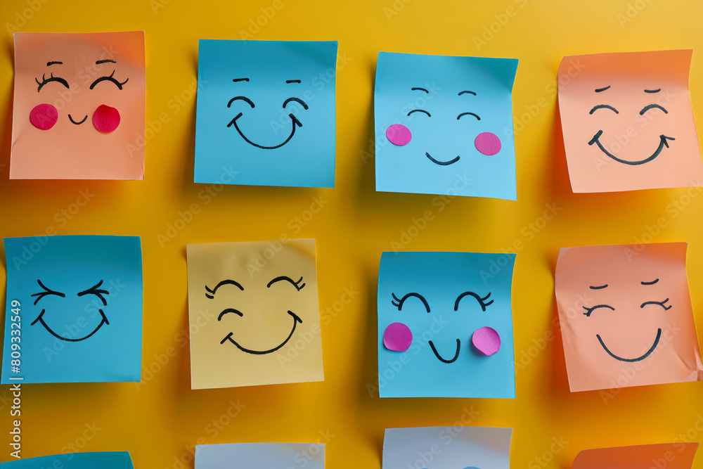 Paper, art or sticky note smile drawing on wall for creative, design or ...