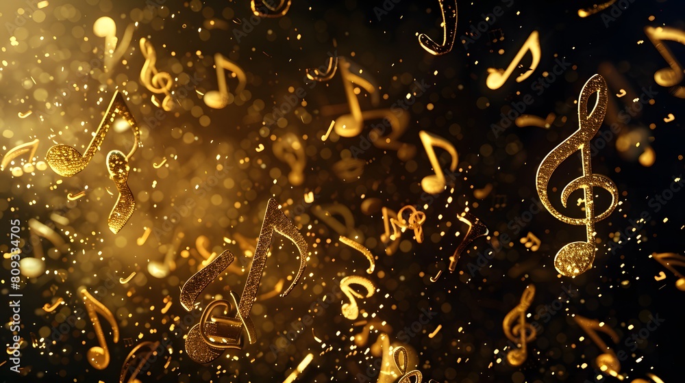 Gold musical notes flying in the air on black background with copy ...