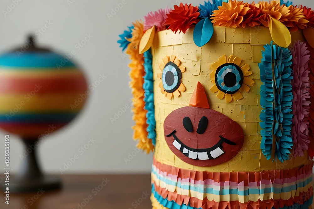 A piñata with bright colors and a cheerful design against a white ...
