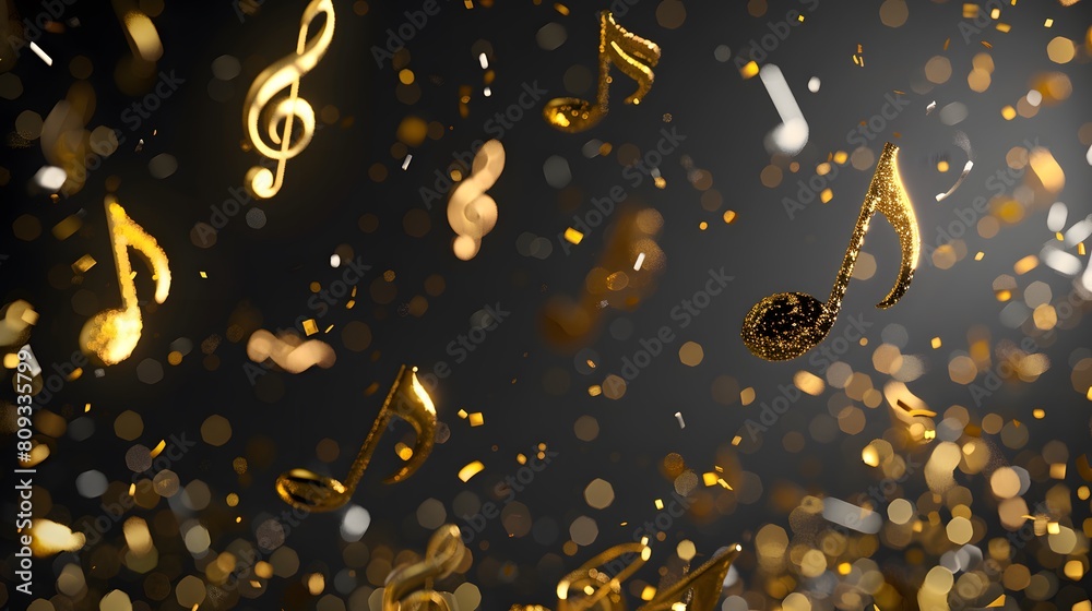Gold musical notes flying in the air on black background with copy ...