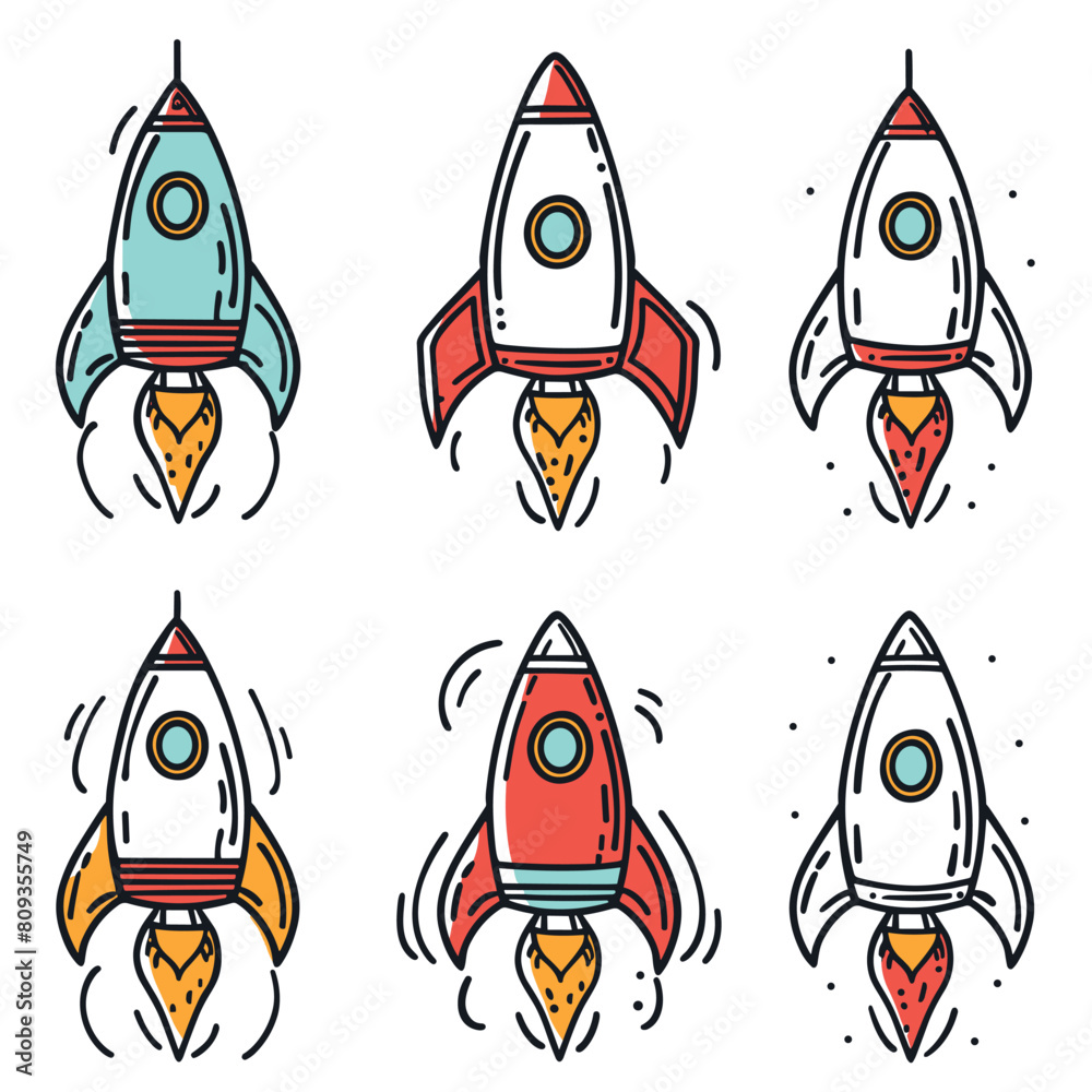 Six cartoon rockets, colorful space crafts blasting off. Handdrawn ...