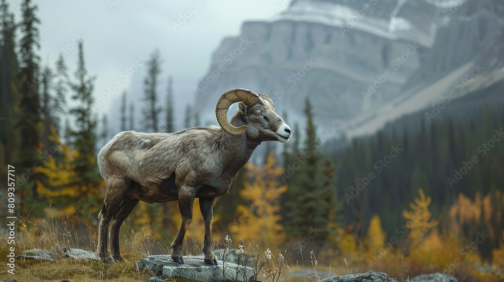 Standing BigHorn Sheep (Ovis canadensis) ram portrait. Canadian Rockies ...