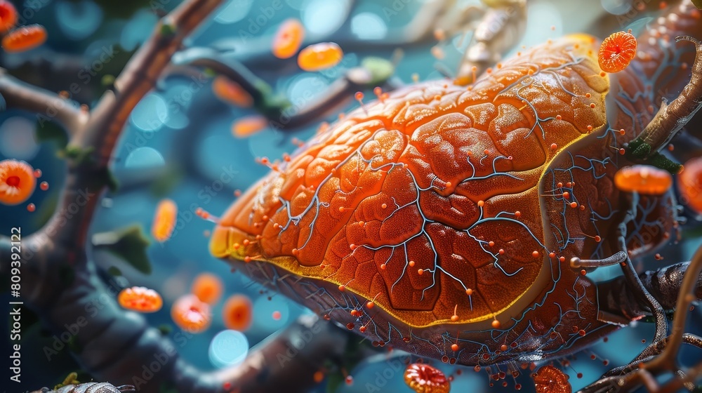 Close-up, cutaway illustration of the human liver, showing detailed ...