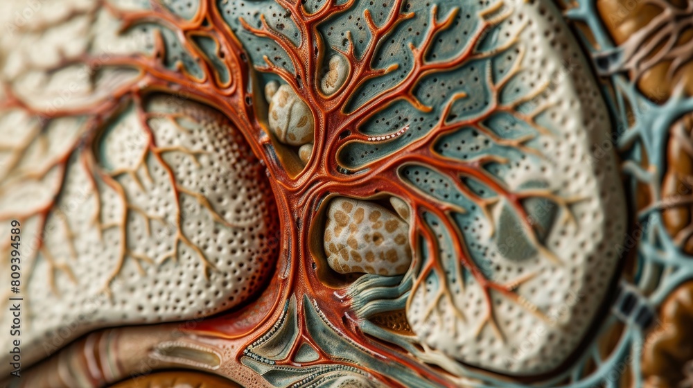 Detailed close-up of a cutaway human liver illustration, highlighting ...