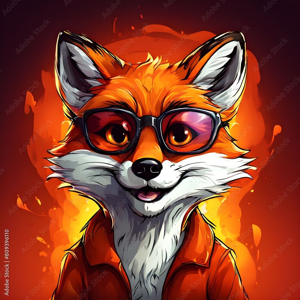 red fox cartoon on a fire background and fox is wearing sunglasses ...