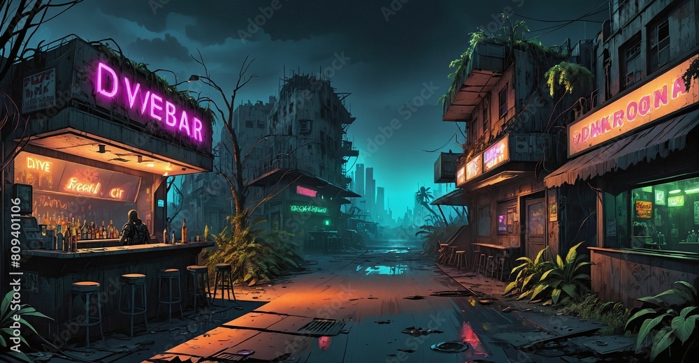 Gothic cyberpunk dystopian overgrowth city at night. Market district ...