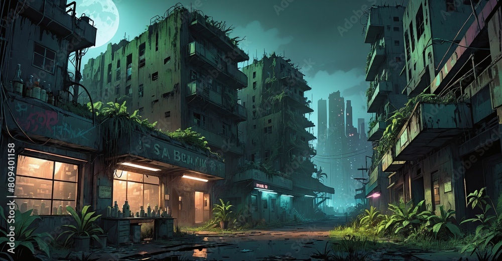 Gothic cyberpunk sci-fi dystopian overgrowth city at night. Abandoned, aged, old overgrown town ...