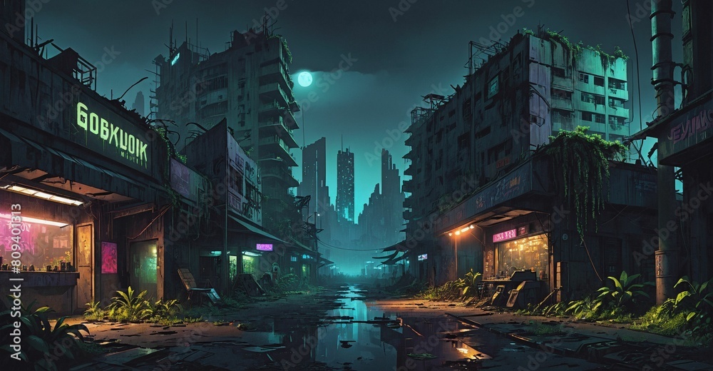 Gothic cyberpunk sci-fi dystopian overgrowth city at night. Abandoned, aged, old overgrown town ...