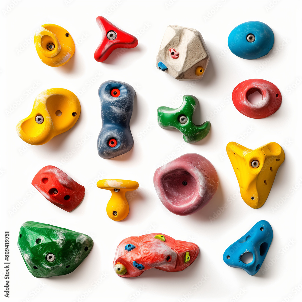 This graphic features various climbing holds depicted on a clean white ...