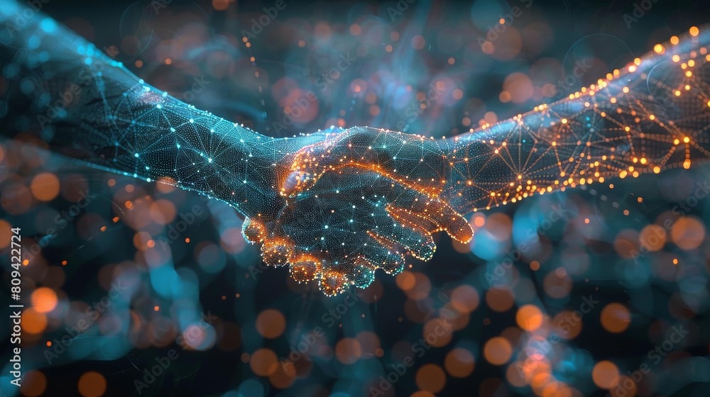 3D depiction of a digital handshake between avatars, symbolizing ...
