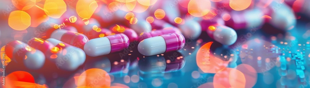 Pills scattered on a reflective surface, creating a blurred and surreal ...